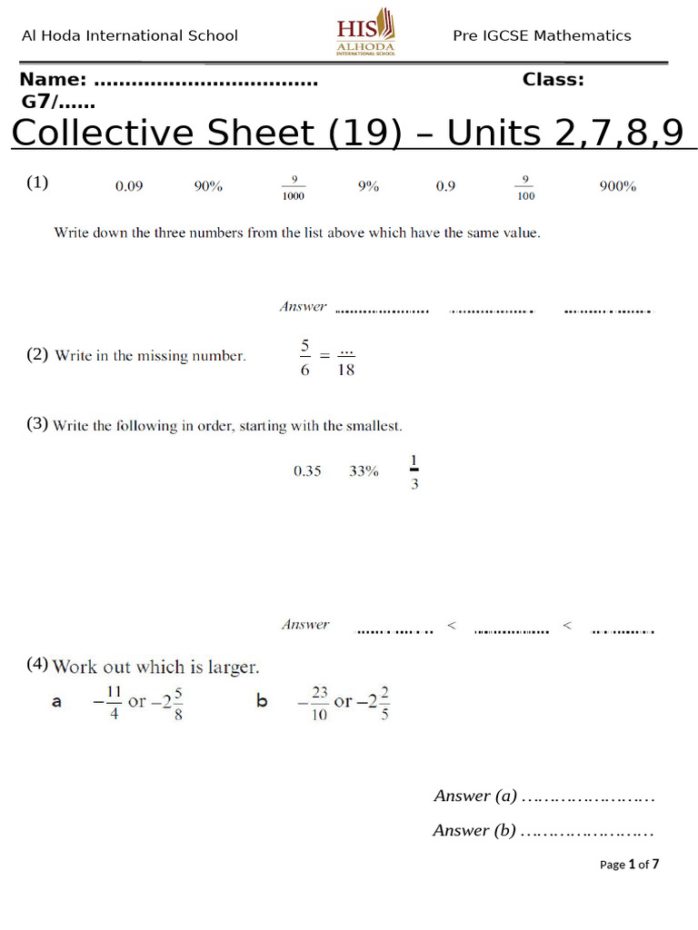 Collective Sheet G7 (19) (Units 2,7,8,9 and 10) | PDF | Mathematics ...