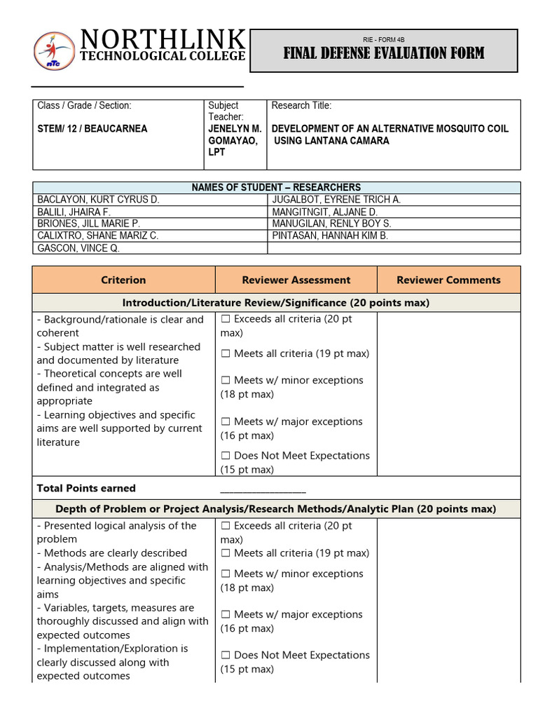FORM 4b Capstone or Project FD Evaluation Form 1 | PDF | Cognition ...
