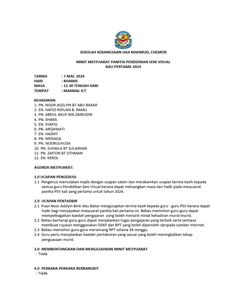 Contoh Minit Mesyuarat PSV Kali Pertama 2024 | PDF
