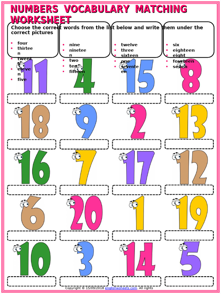 numbers vocabulary esl matching exercise worksheet for kids | PDF