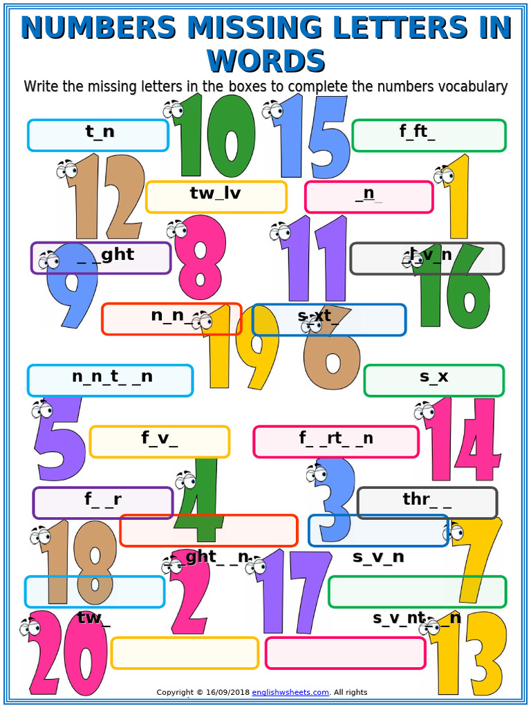Numbers Vocabulary Esl Missing Letters in Words Worksheet For Kids | PDF