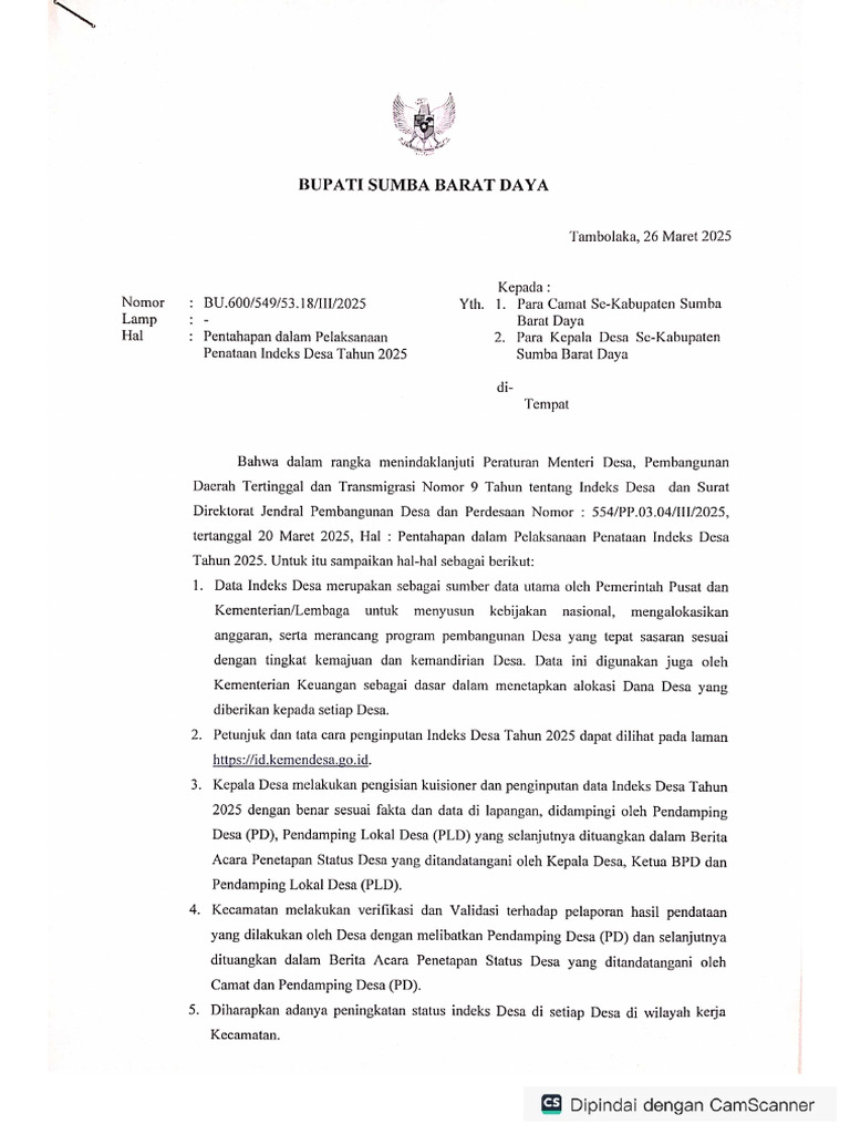 Surat Himbauan Pelaksanaan Penataan Indeks Desa Tahun 2025 | PDF