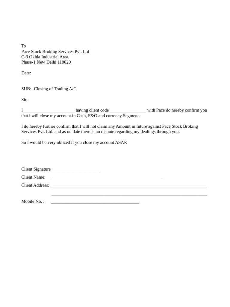 Closure Letter of PACE STOCK Trading Account | PDF