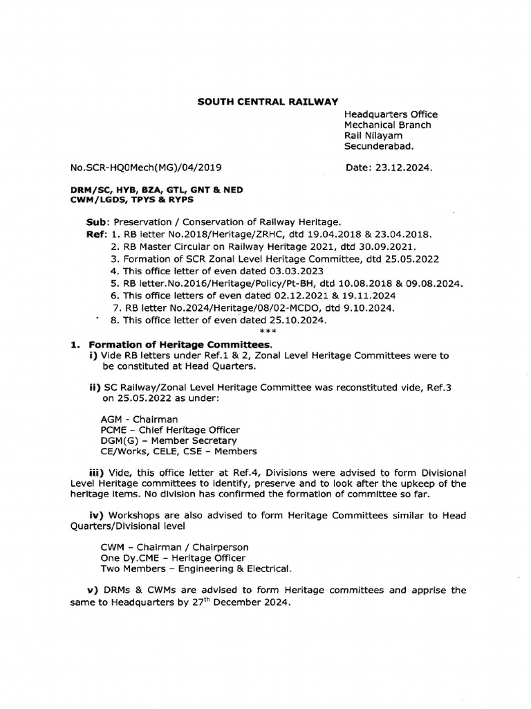 Letter To DRMs and CWMS On Preservation and Conservation of Railway Heritage | PDF | Rail ...
