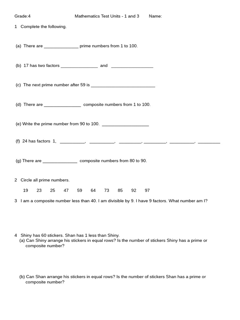 Units 1 and 3 Question Paper | PDF | Numbers | Prime Number