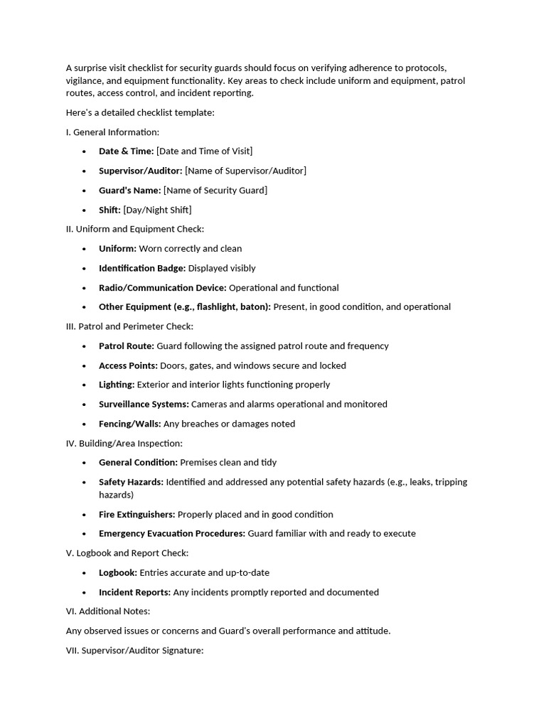 A Surprise Visit Checklist for Security Guards Should Focus On | PDF