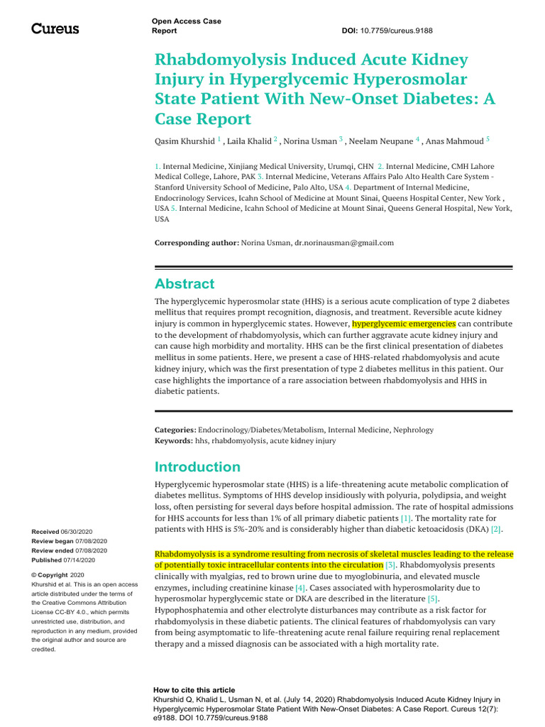 Rhabdomyolysis Induced AKI in HHS Patient With New-Onset Diabetes | PDF ...