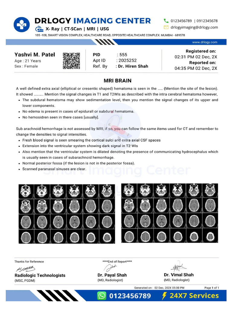 Mri Brain Report Format - Drlogy | PDF
