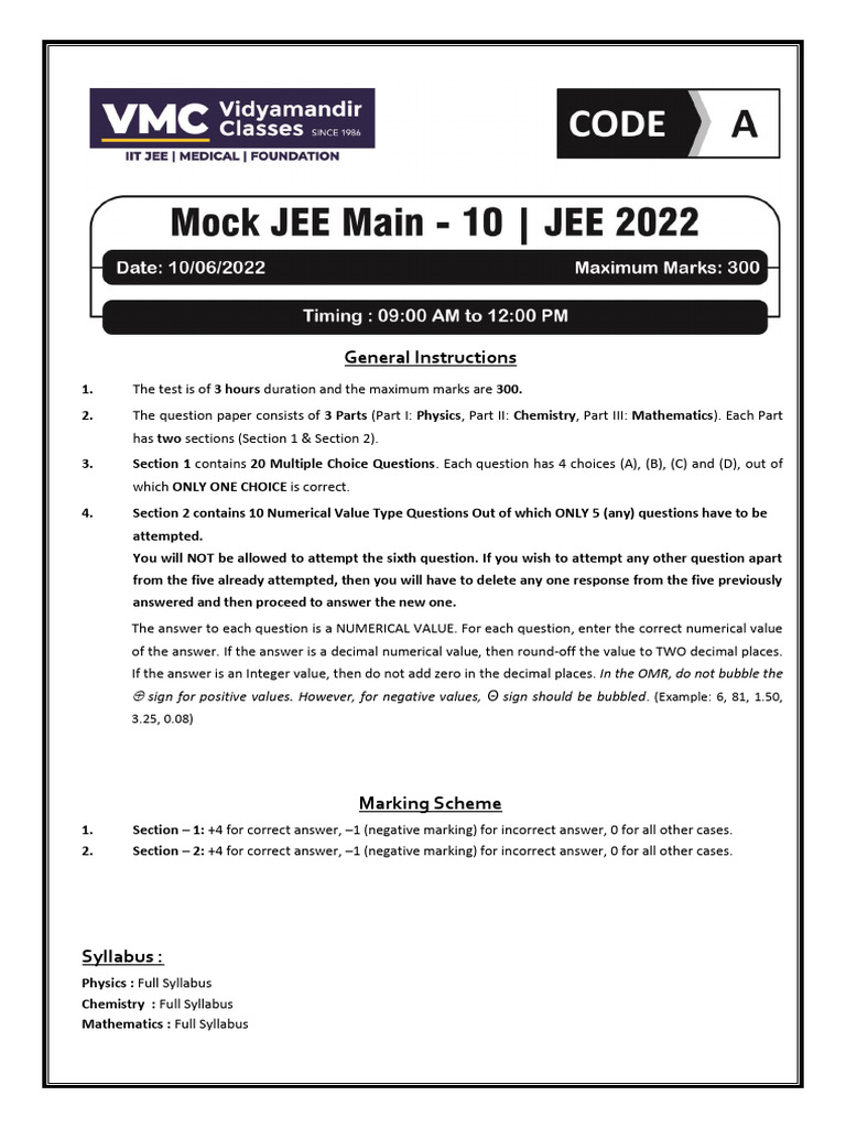 2022 Mock JEE Main - 10 - Paper | PDF | Photoelectric Effect | Numbers