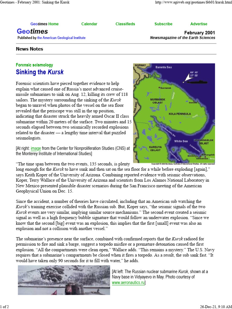 Geotimes - February 2001 Sinking The Kursk | PDF | Torpedo | Naval Warfare
