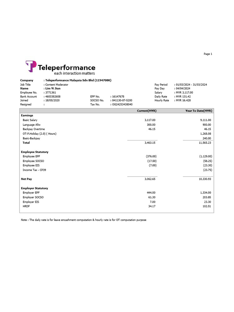Teleperformance Malaysia Salary Slip 2024 | PDF | Salary | Wages And ...