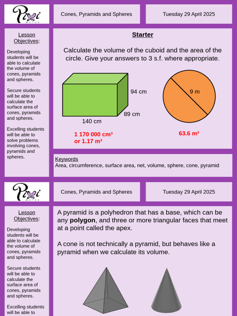 Pyramids Cones and Spheres Full Lesson Presentation | PDF | Area | Volume