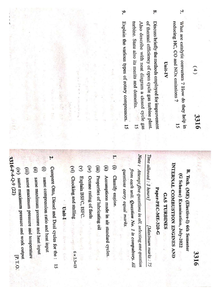 2022 July Btech Me 6TH Sem Internal Combustion Engines and Gas Turbines | PDF