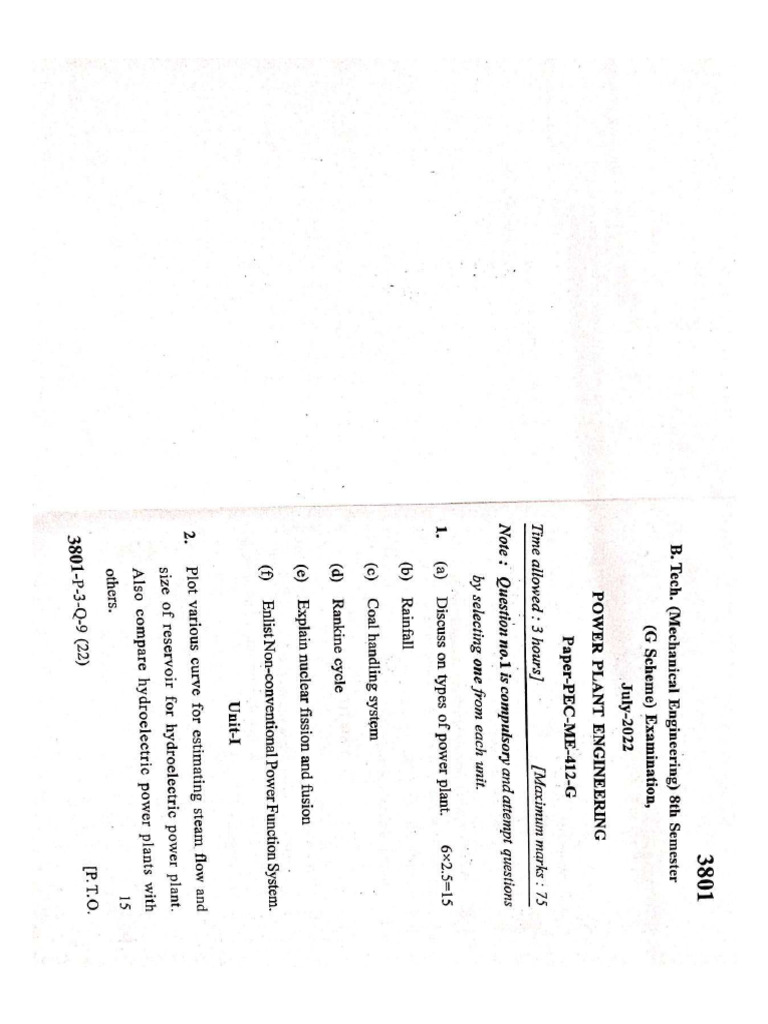 2022 July Btech Me 8TH Sem Power Plant Engineering | PDF