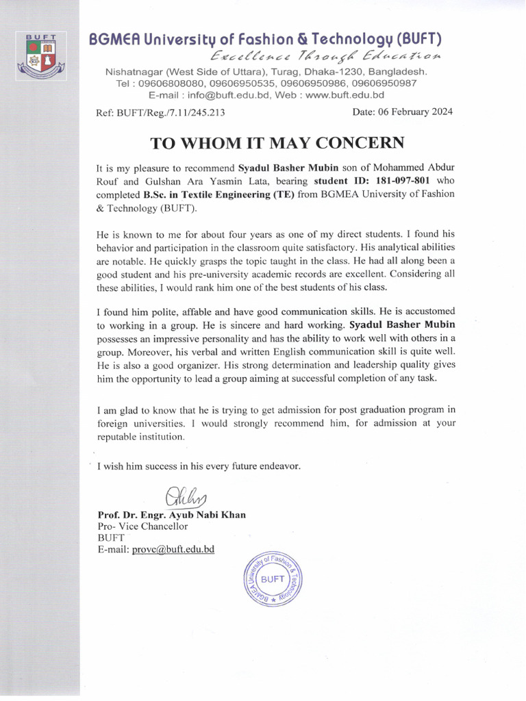 BGMEA University 2 Reference Letters for Fahim | PDF