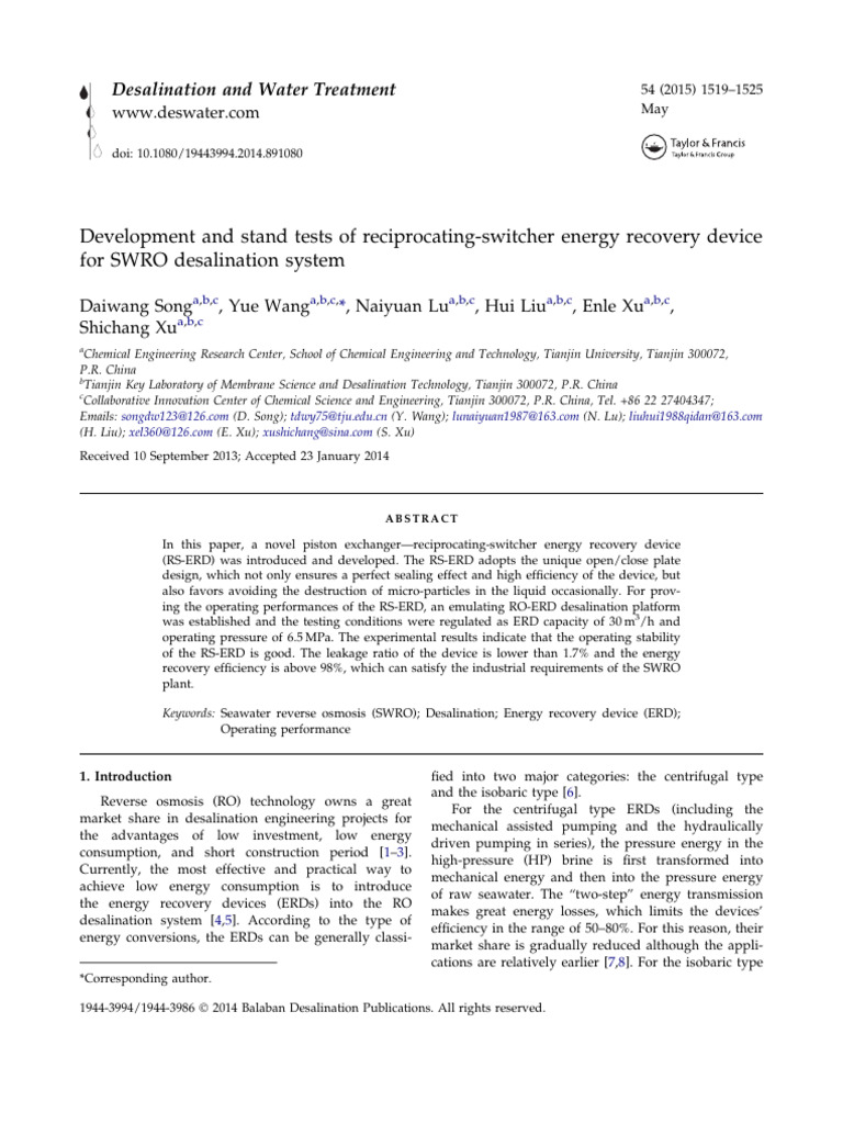 Reciprocating-Switcher Energy Recovery for SWRO | PDF | Desalination ...