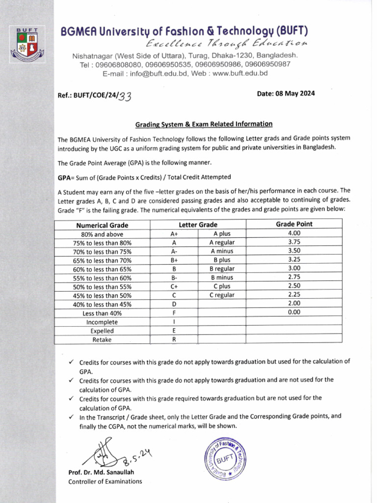 BGMEA Grading System and Exam Related Information | PDF