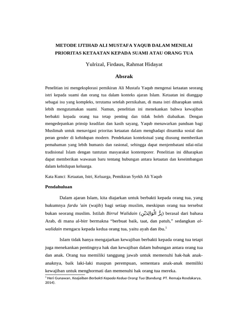 Yulrizal Metode Ijtihad Ali Mustafa Yaqub Dalam Menilai Prioritas Ketaatan Kepada Suami Atau ...