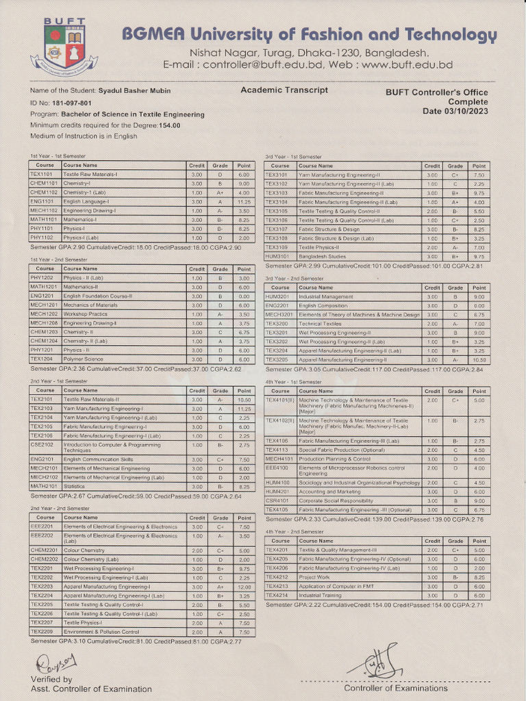 BGMEA B.SC in Textile Engineering Academic Transcript | PDF