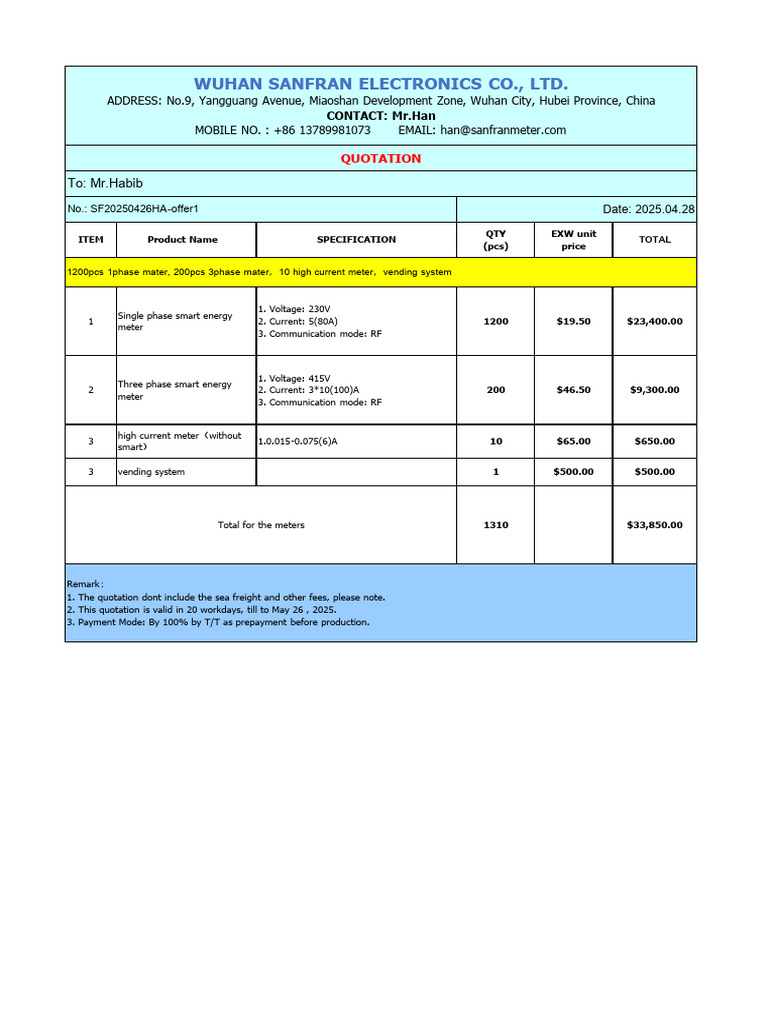 Quotation SANFRAN SF20250428HA Offer2 | PDF