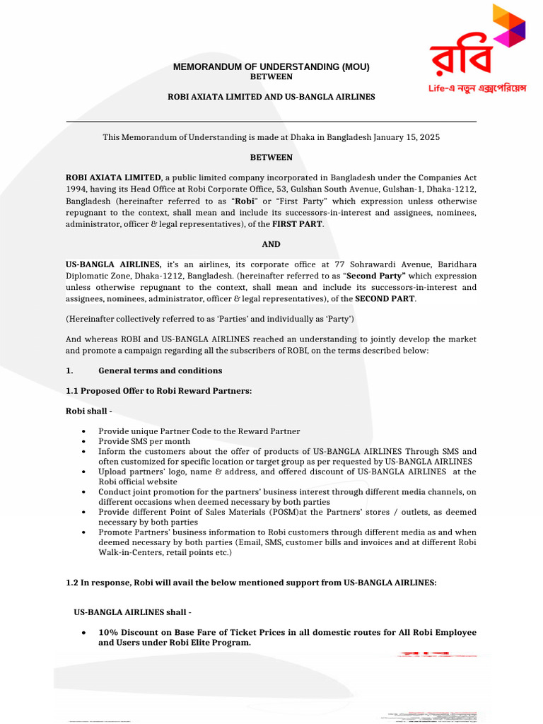Revised US-Bangla Airlines - MOU | PDF | Labour Law | Indemnity
