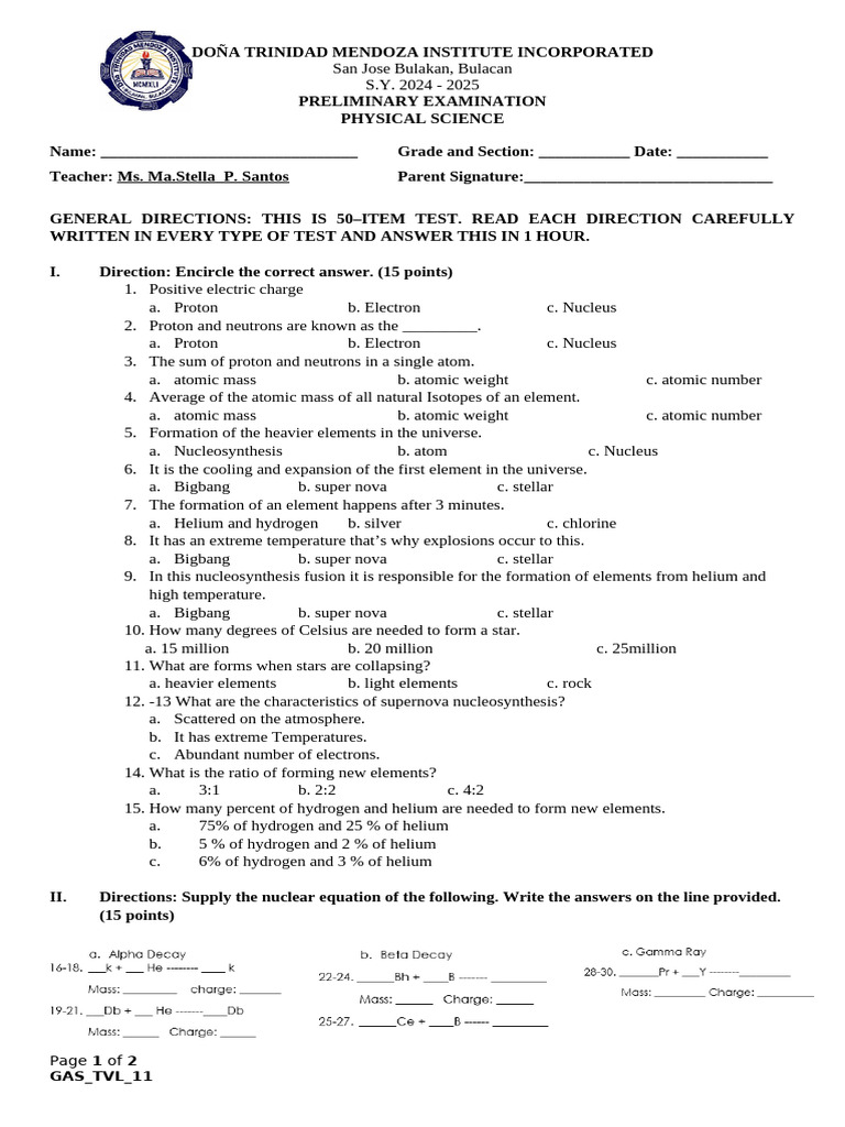 Physical Science Preliminary Exam 2024 | PDF | Chemical Elements ...