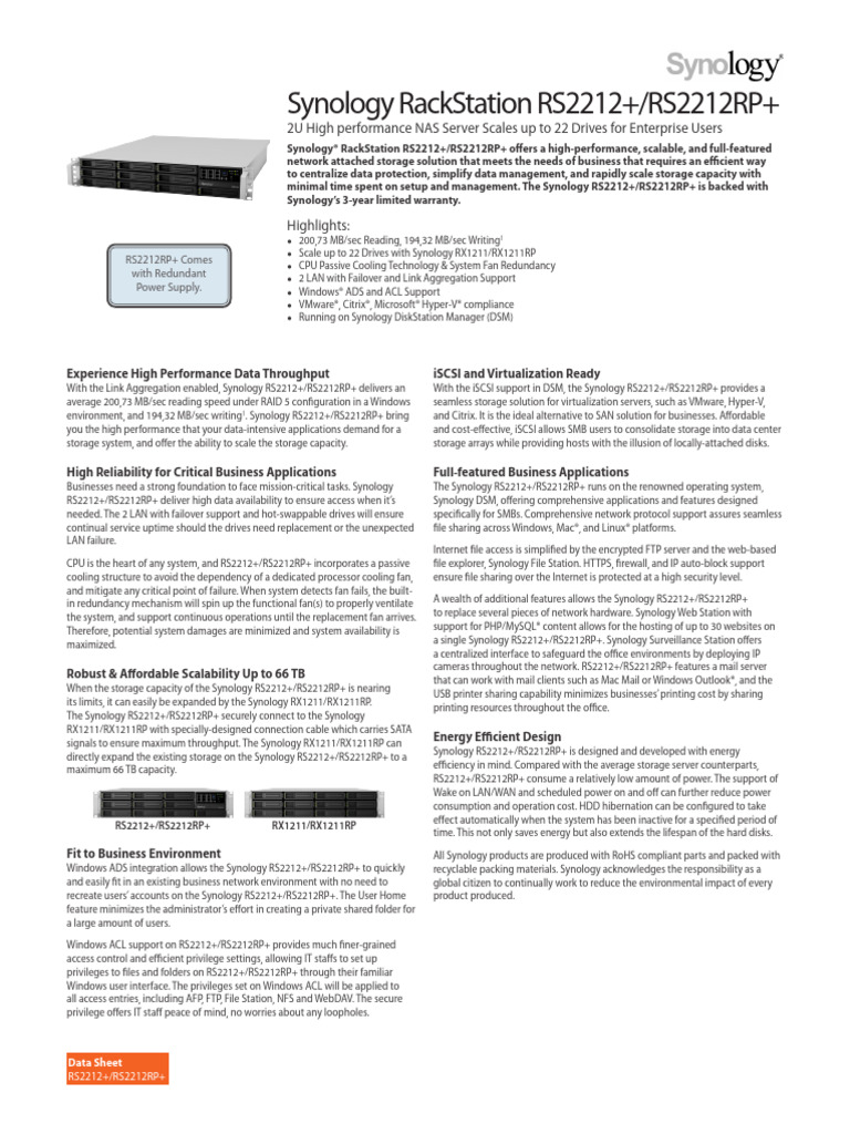 Synology RS2212 Plus Data Sheet Enu | PDF | Computer Network | Hyper V