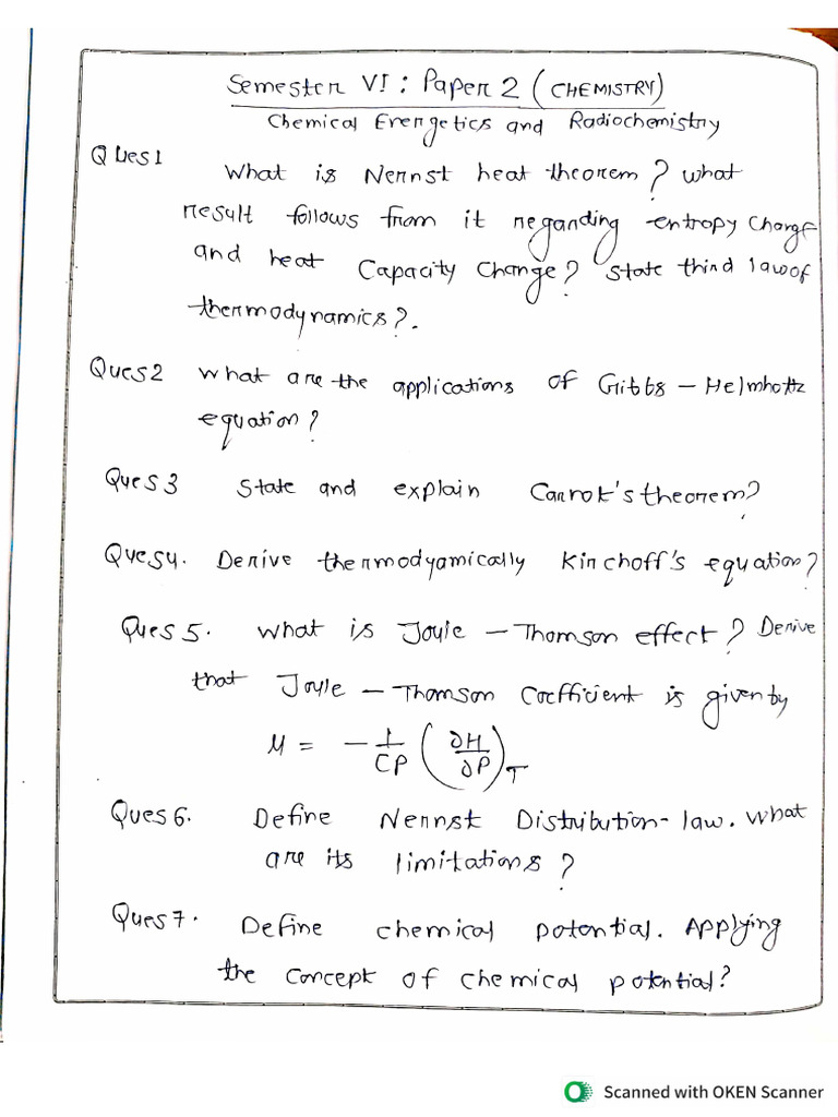 Semester VI Paper 2 Chemistry Important Questions | PDF