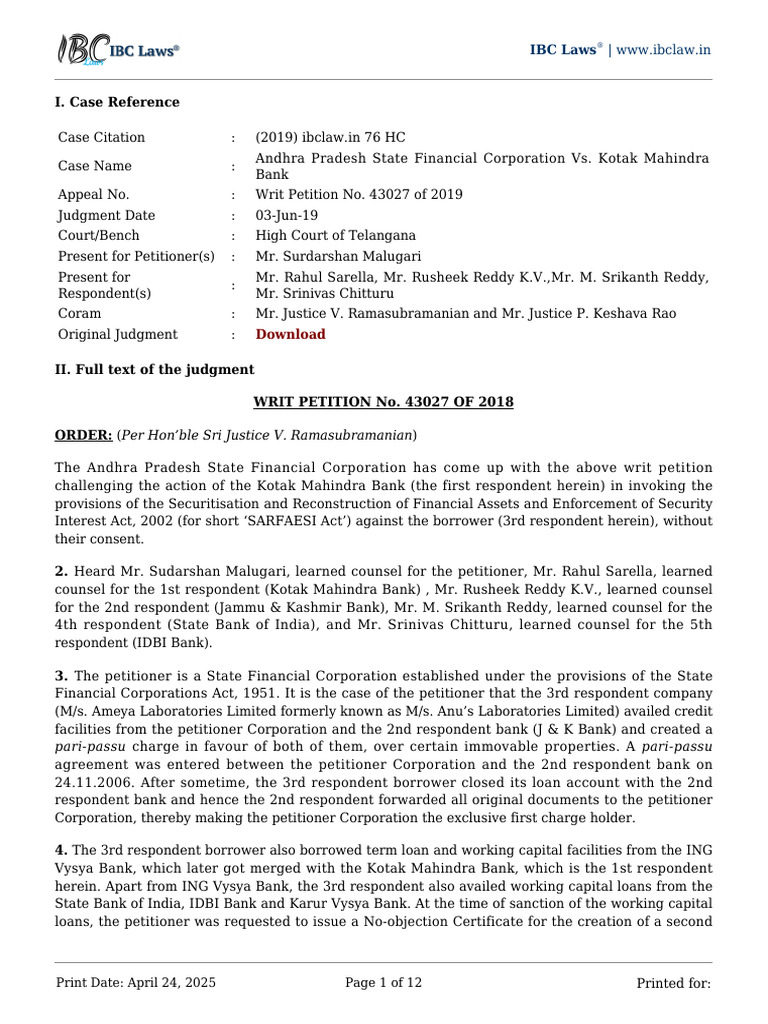 Andhra Pradesh State Financial Corporation Vs Kotak Mahindra Bank Rep ...
