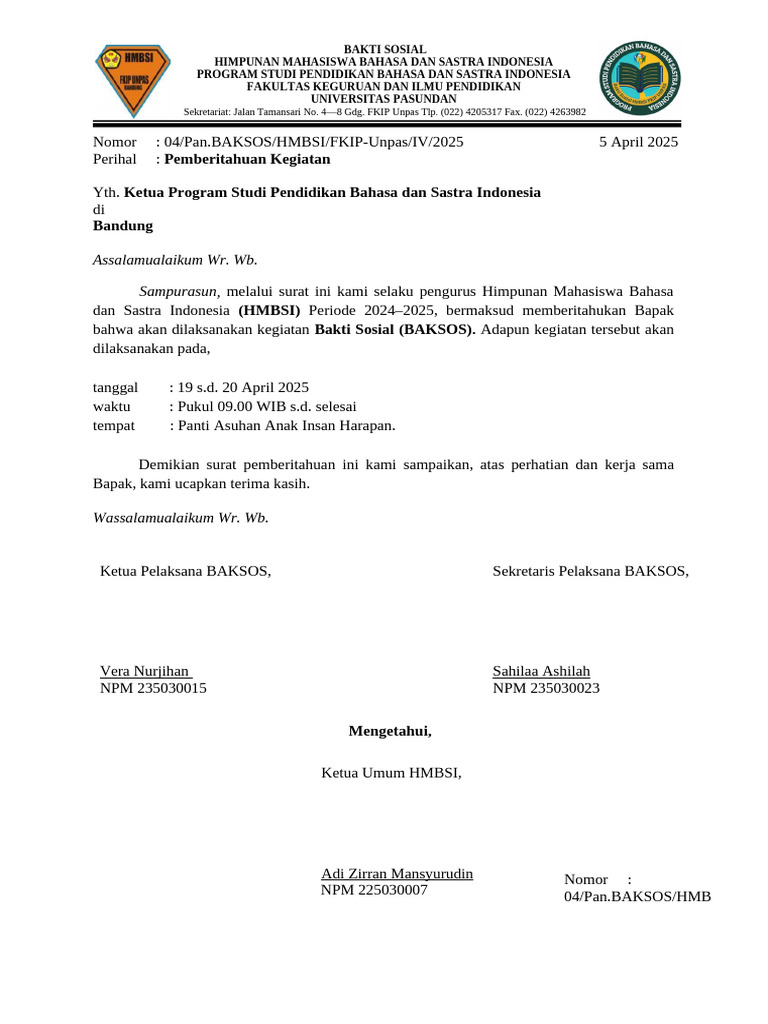 acc_Surat_Pemberitahuan_Baksos-Kaprod_Sekprod HMPS | PDF