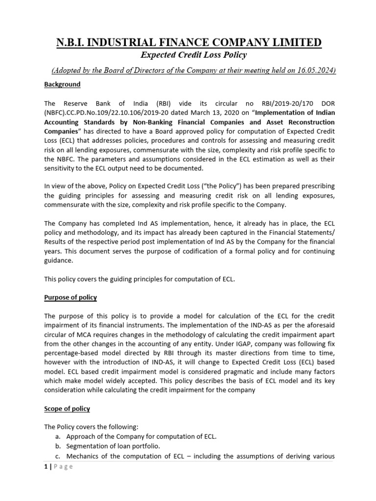 Expected Credit Loss Policy Overview | PDF | Credit Risk | Risk