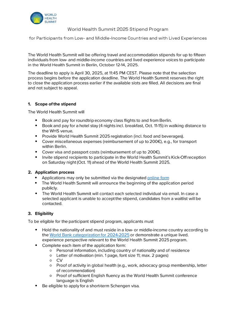 World Health Summit 2025 Stipend Program | PDF