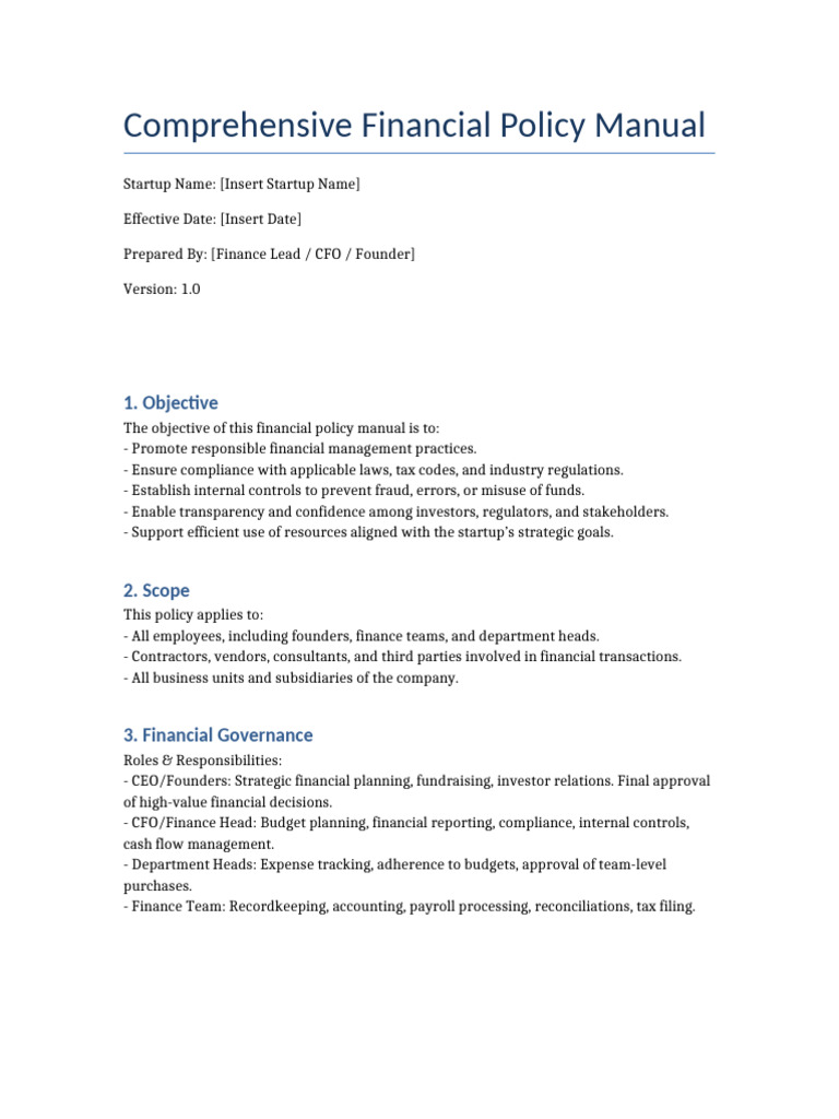 Startup Financial Policy Manual | PDF | Internal Control | Budget