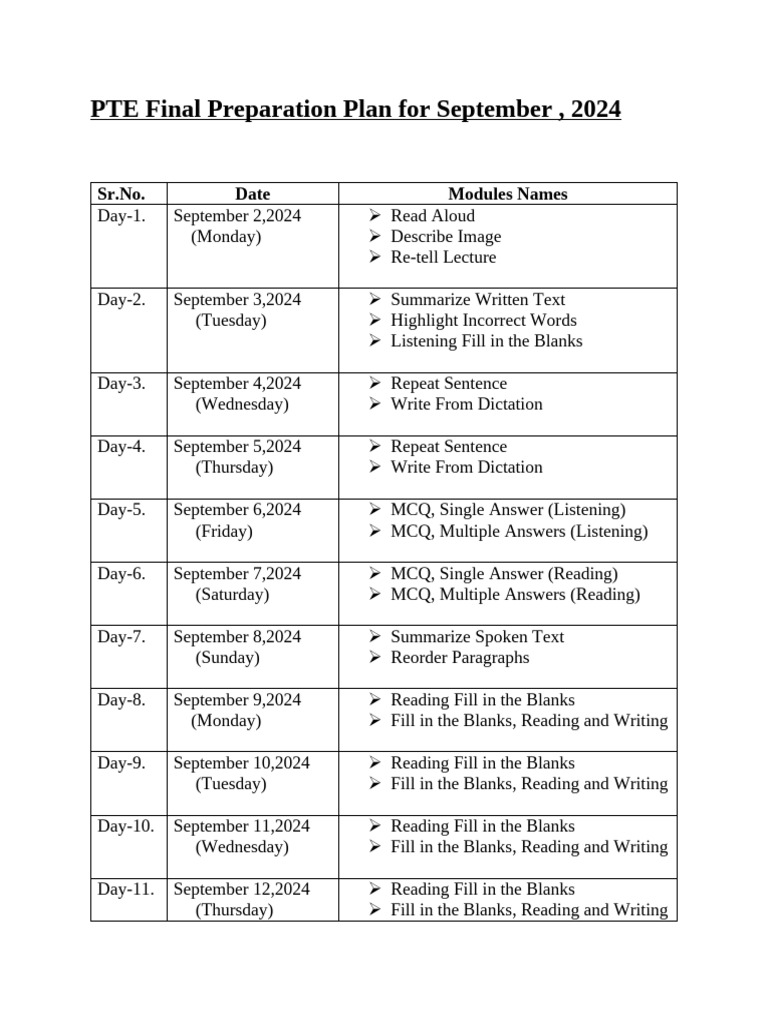 PTE September 2024 Study Schedule | PDF