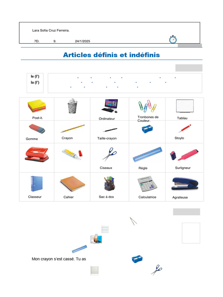 Articles définis et indéfinis en français | PDF | Travail de bureau ...