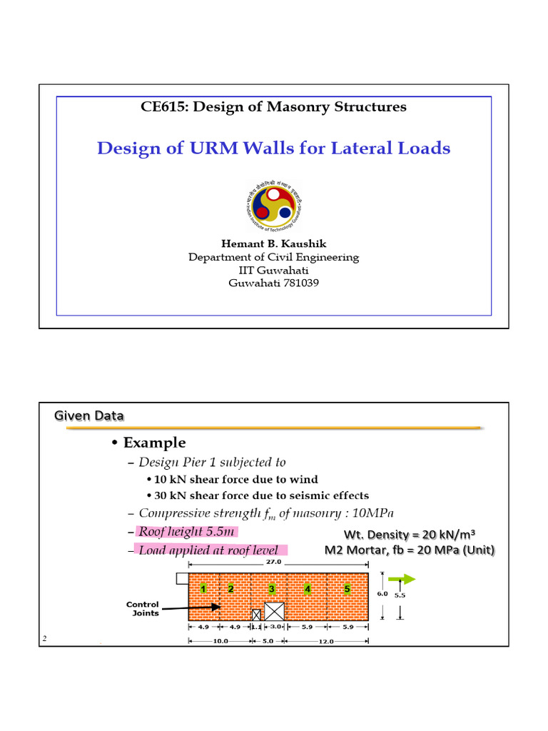 CE615 L08 Assignment Design of URM Walls For Lateral Loads | PDF ...