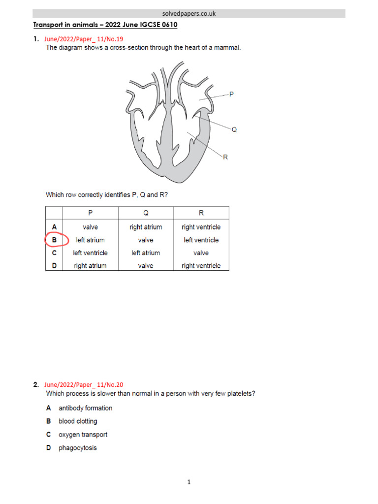 Biology; Transport in Animals Topical Questions (June-2022)_copy | PDF