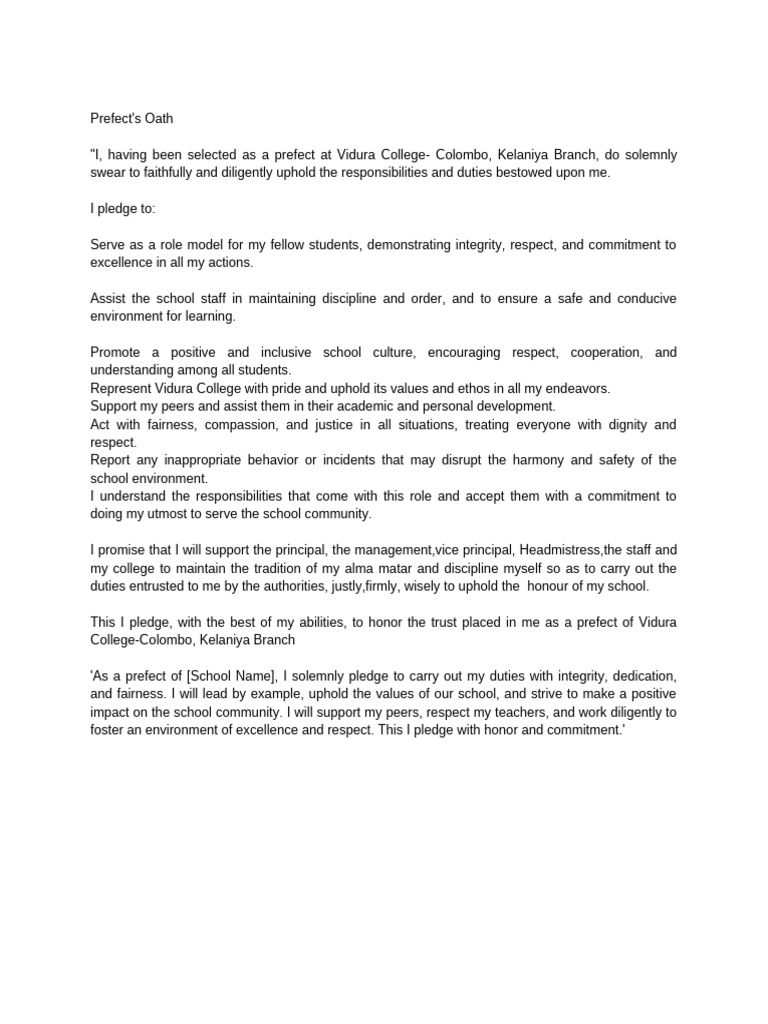 Prefect Oath for Vidura College | PDF