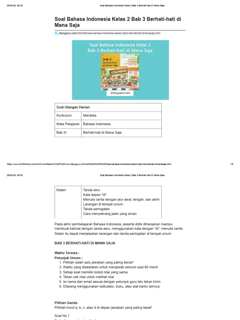 Soal Bahasa Indonesia Kelas 2 Bab 3 Berhati-hati di Mana Saja | PDF