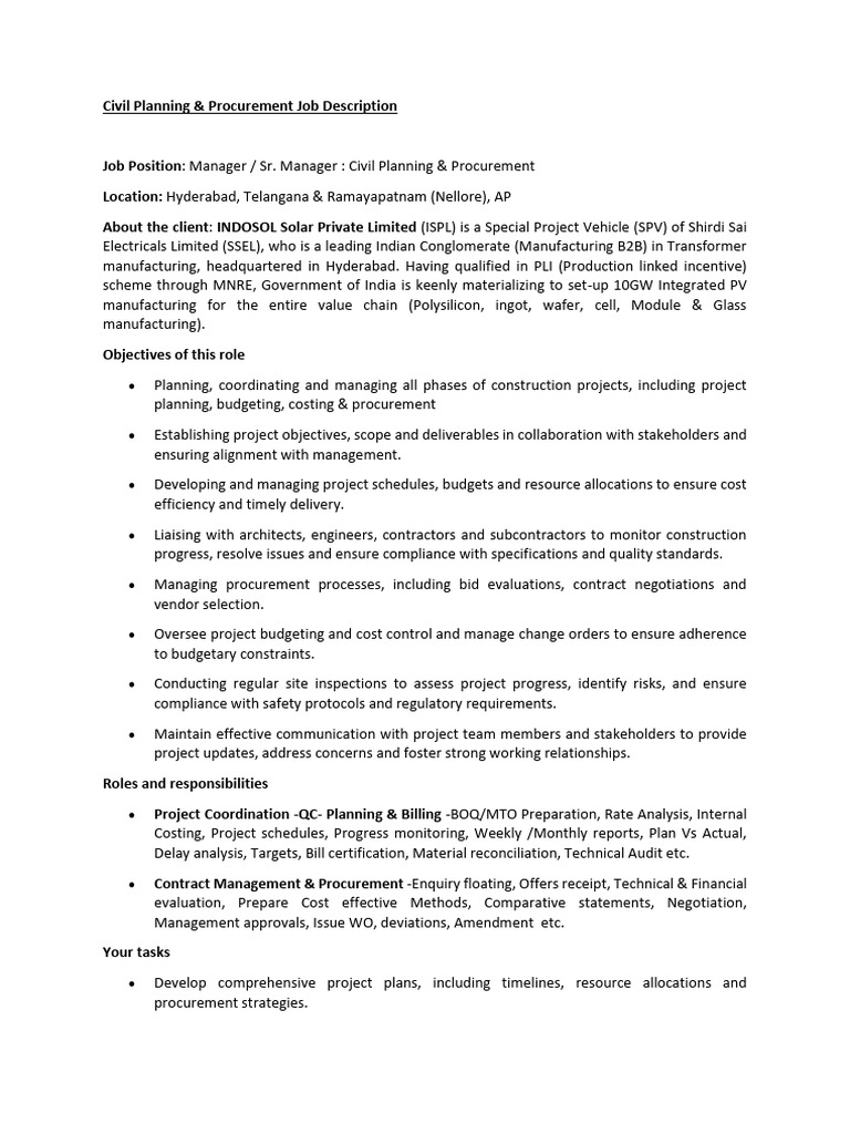 Civil Planning & Procurement Manager Role | PDF | Project Management ...