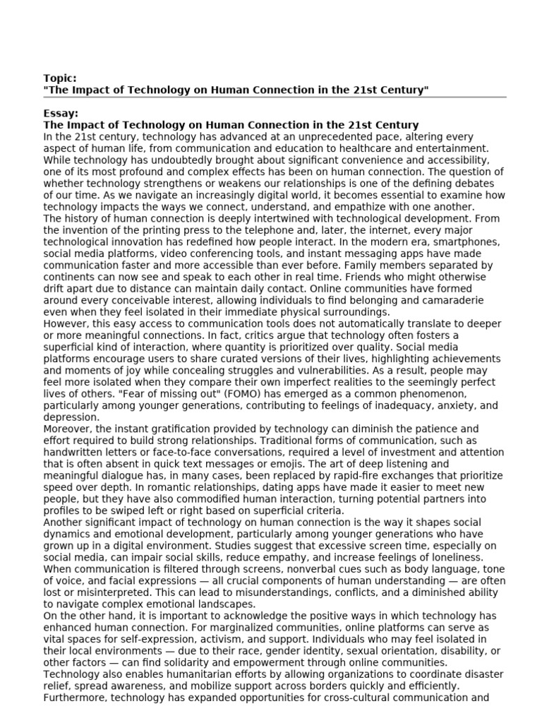 Technology's Impact on Human Connection | PDF | Communication ...