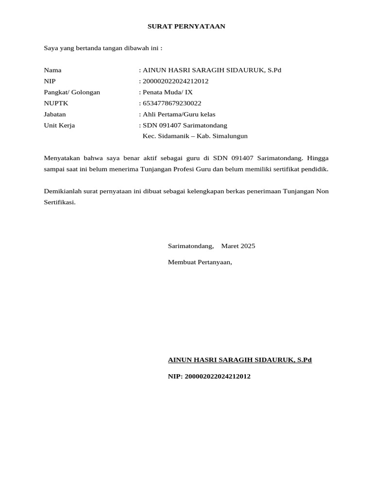 Surat Pernyataan Non Sertifikasi Satrina Cantik Selalu | PDF