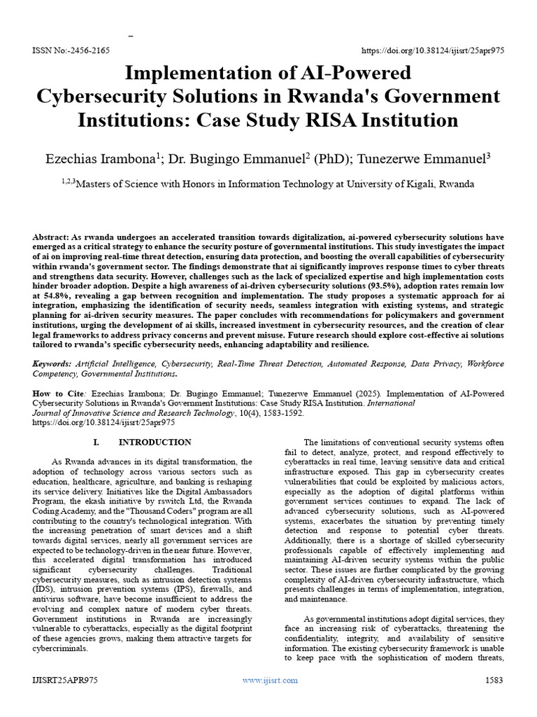 Implementation of AI-Powered Cybersecurity Solutions in Rwanda's Government Institutions: Case ...