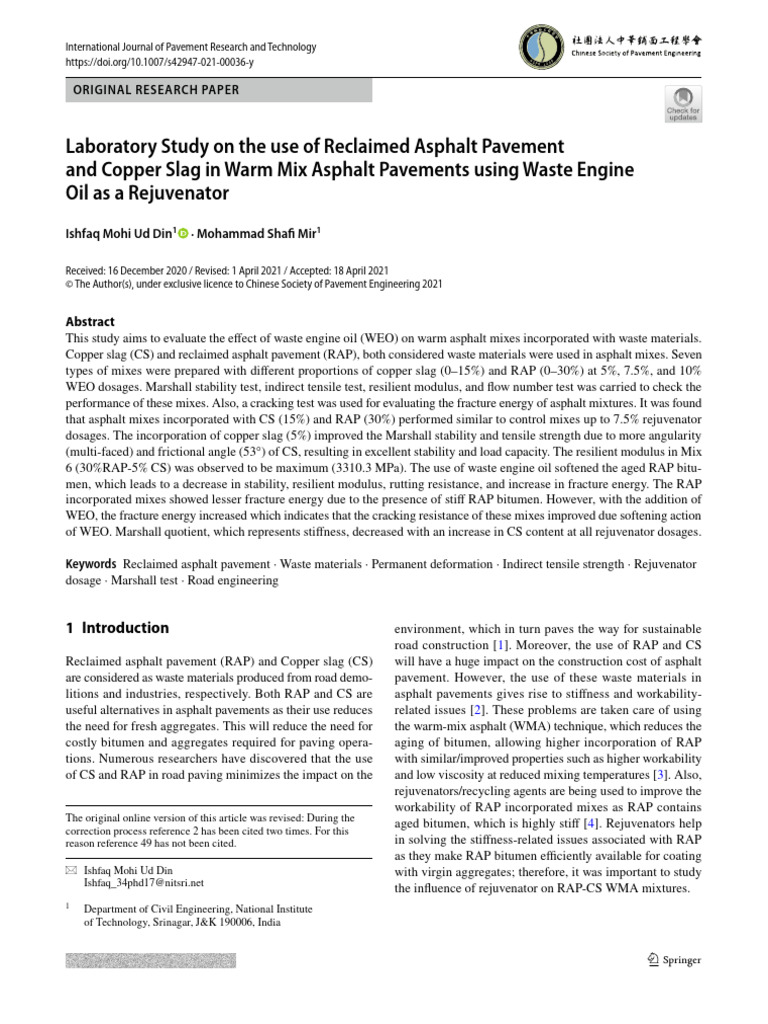 Laboratory Study On The Use of Reclaimed Asphalt Pavement and Copper ...