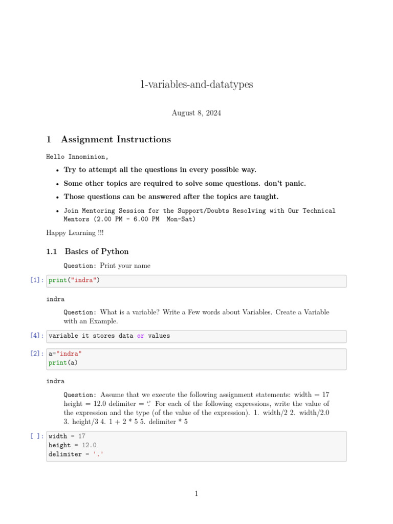 assignment-1-variables-and-datatypes | PDF | Variable (Computer Science) | Data Type