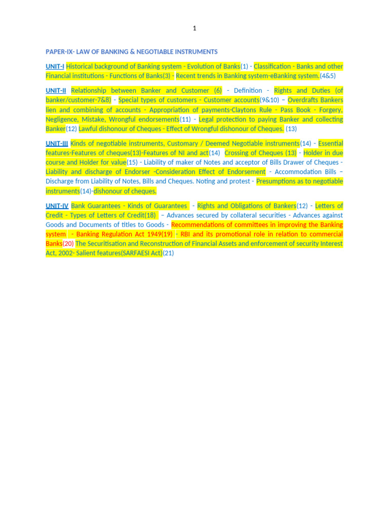 Law of Banking & Negotiable Instruments - Final Study Notes | PDF ...
