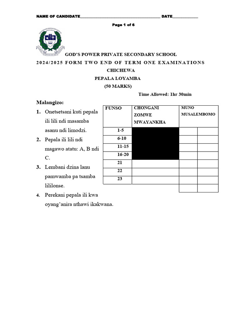 Chichewa Form 2 Paper i | PDF