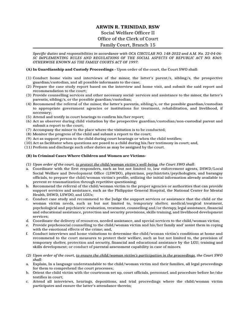 Duties and Responsibilities CSW | PDF | Legal Guardian | Psychiatry