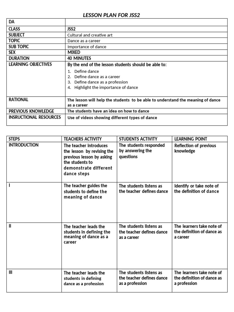 Cca Lesson Plan jss2 Week 3 | PDF | Dances | Teachers