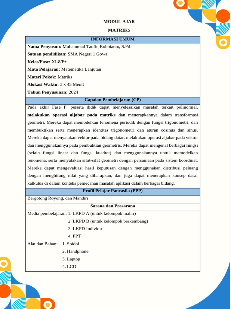 Modul Ajar Mengenal Matriks Fiks | PDF